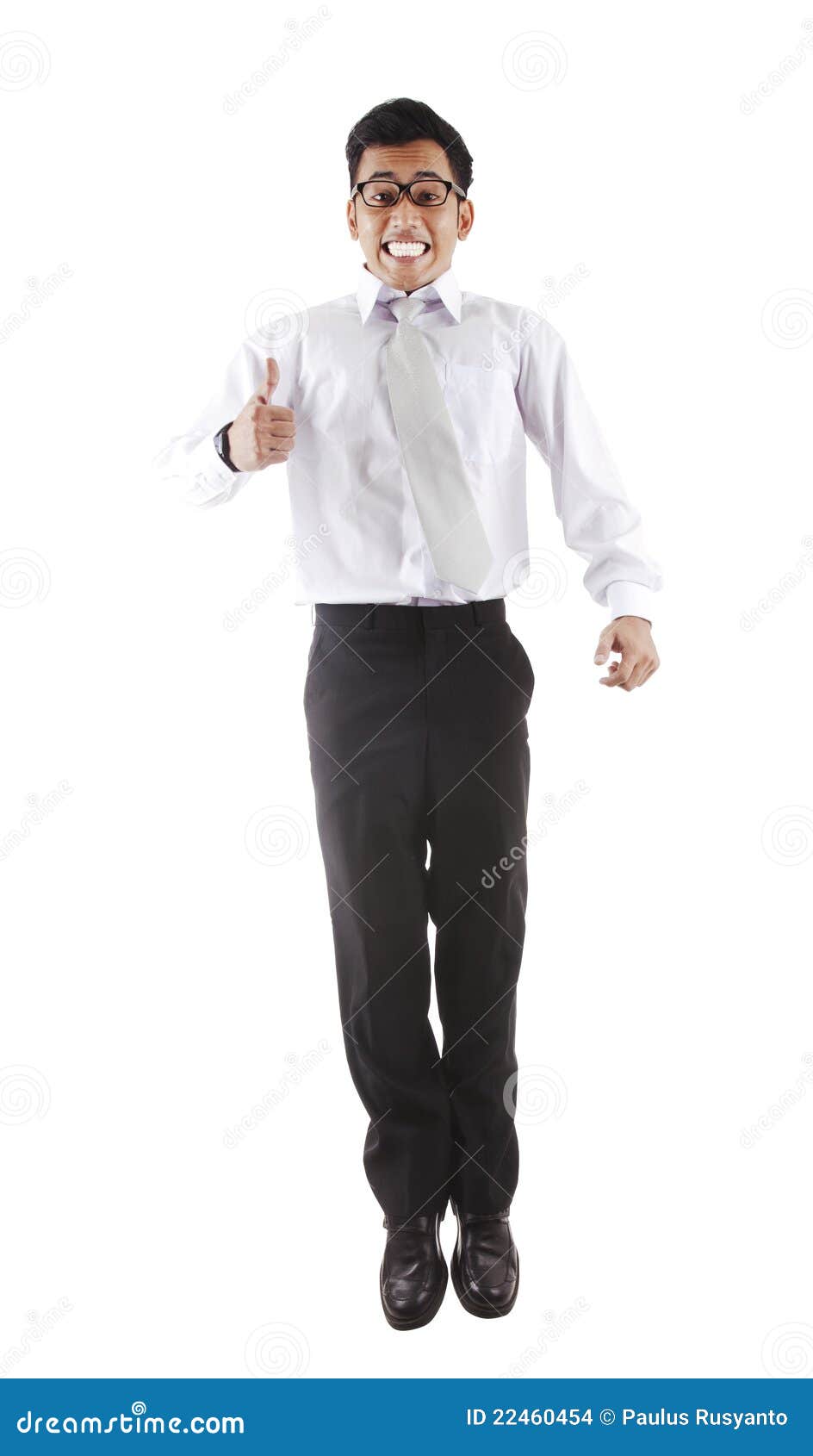 Businessman with Thumb-up Jumping Stock Photo - Image of glasses, happy ...