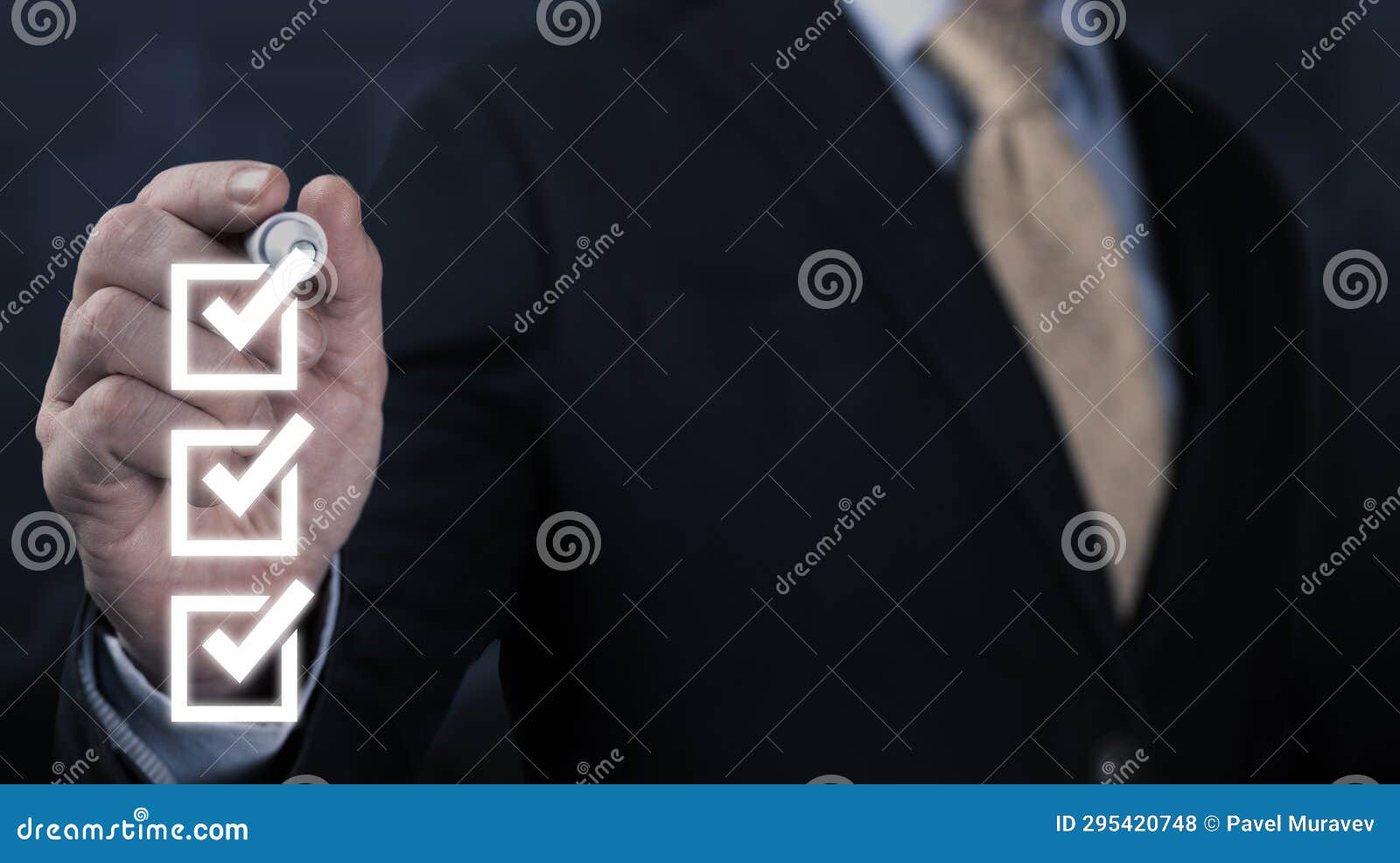 Businessman Ticks Checklist. Correct Sign Mark In Checkbox For Quality ...