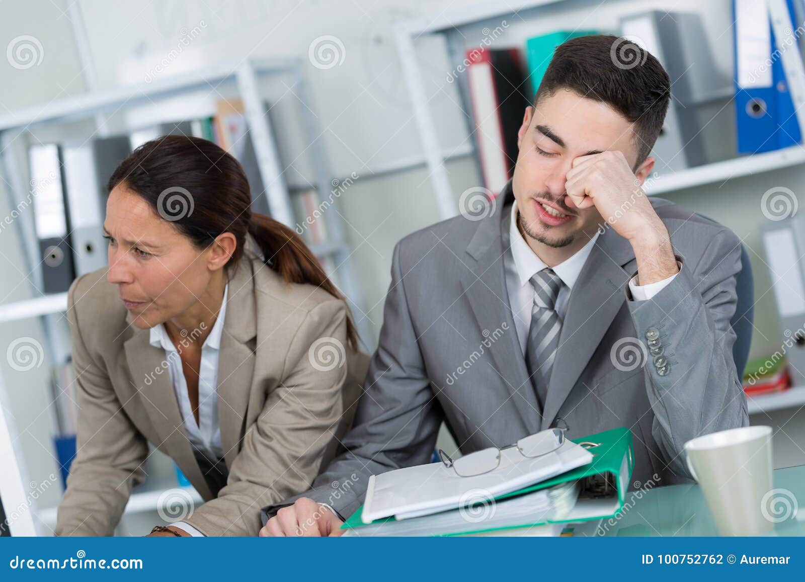 Businessman Tired Solving Problem in Office with Co-worker Stock Photo ...