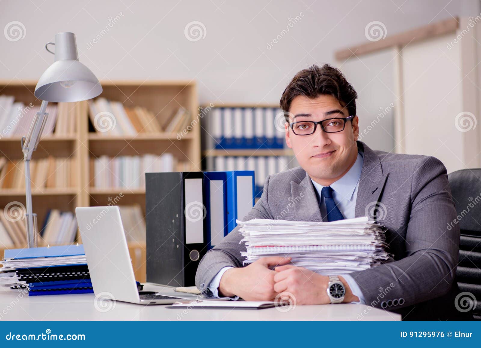 The Businessman with Too Much Paperwork Stock Photo - Image of computer ...