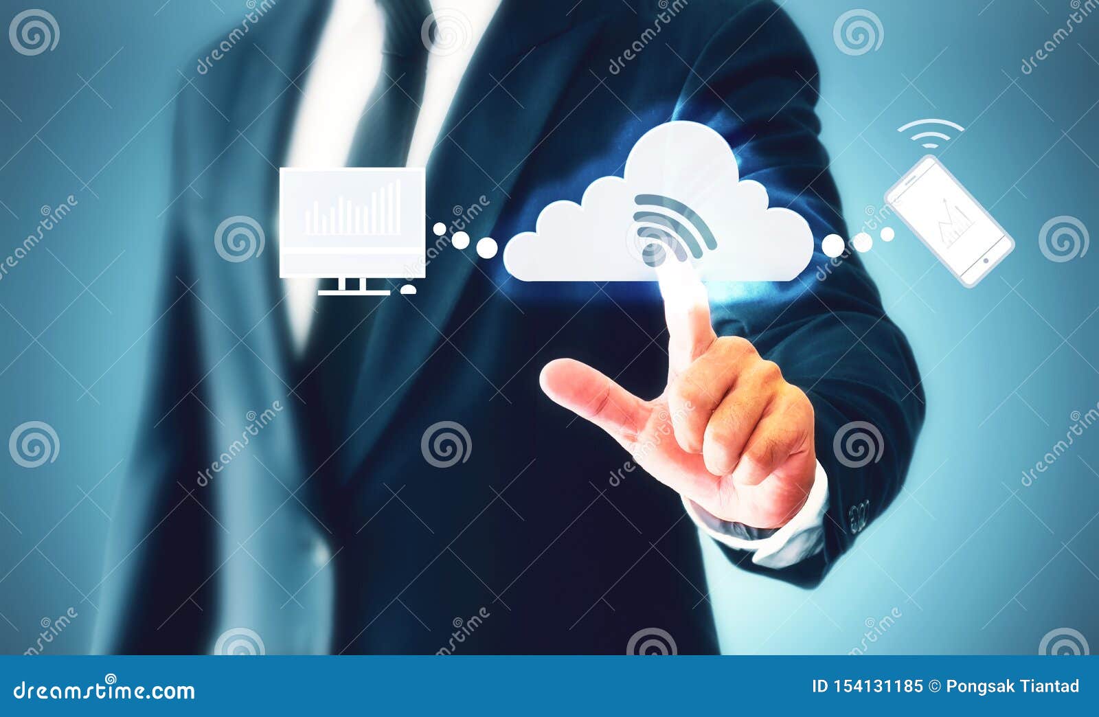 Businessman Touch the Cloud Virtual Button Represents a Data Storage ...
