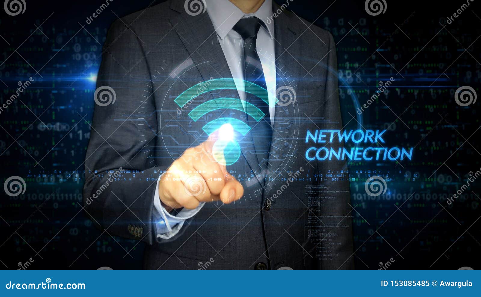 Businessman Touch Screen with Wi-fi Hologram Stock Image - Image of ...
