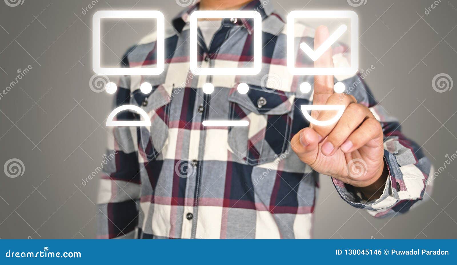 Businessman Touch Smiley Face Emoticon on Virtual Touch Screen. Stock ...