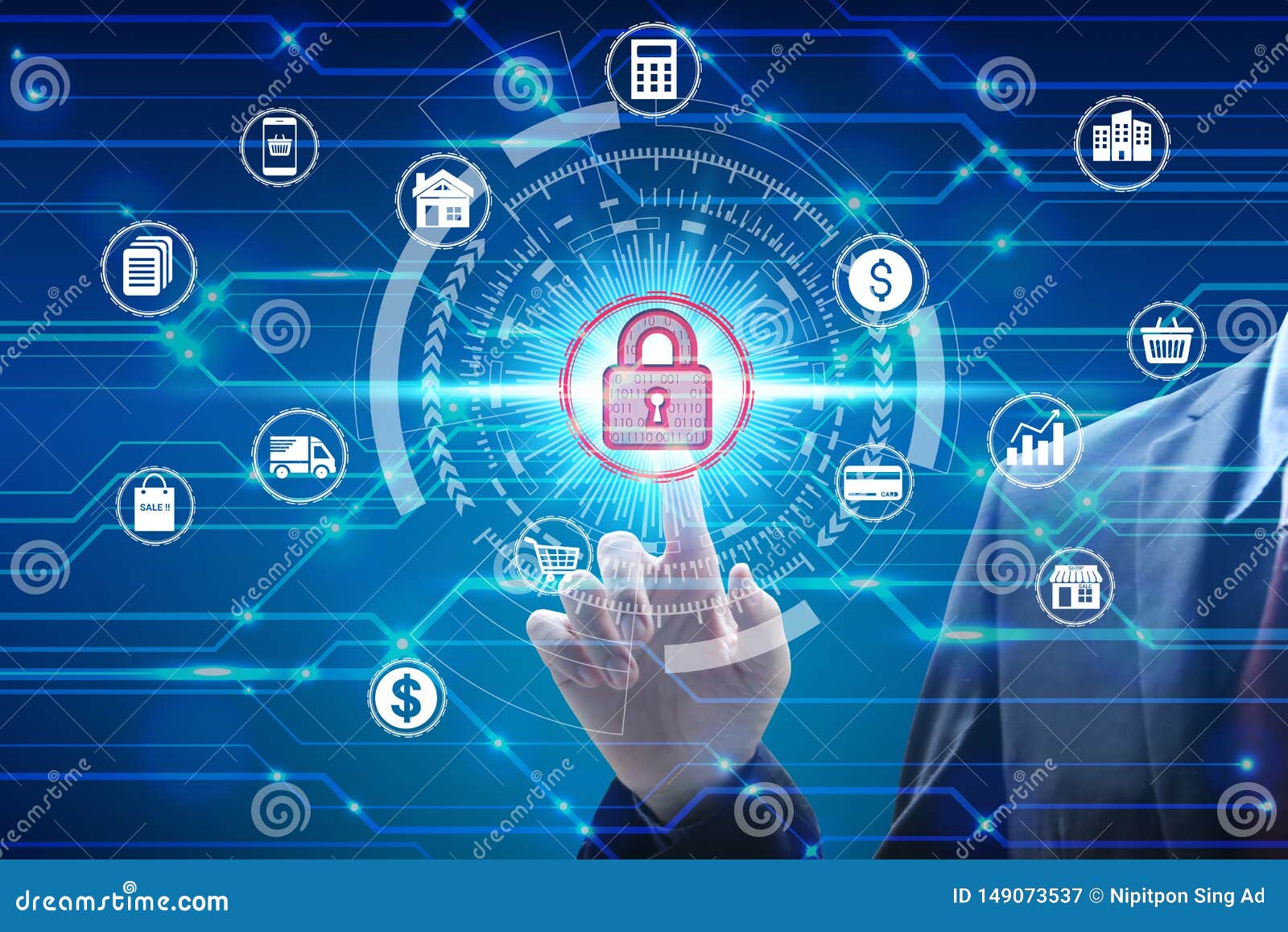 Businessman Touch Virtual Padlock Icon Over the Network Connection ...