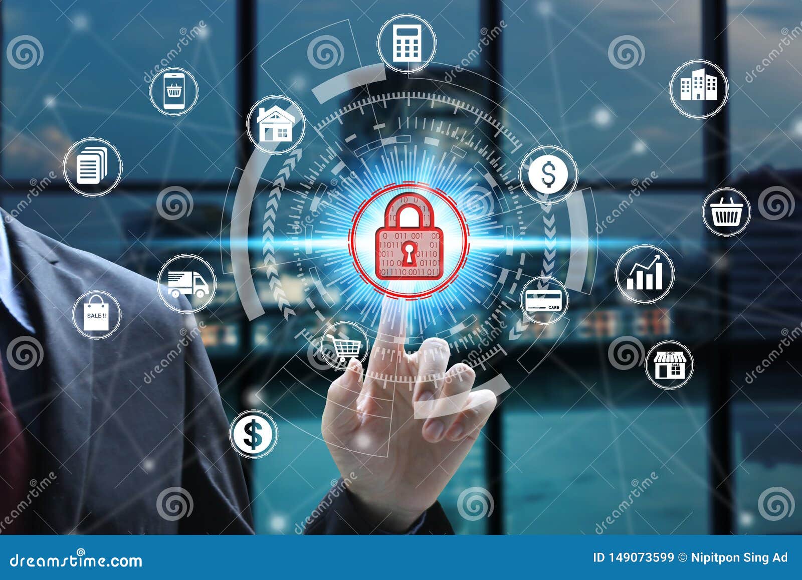 Businessman Touch Virtual Padlock Icon Over the Network Connection ...