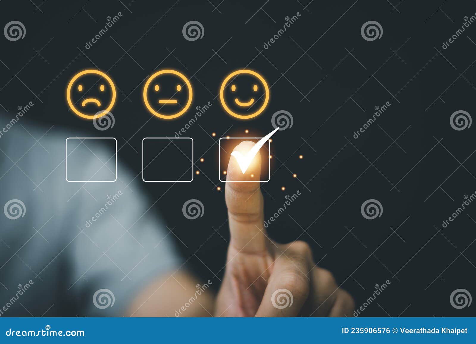 Businessman Touch Virtual Touch Screen, Select Smiley Face Emotion ...