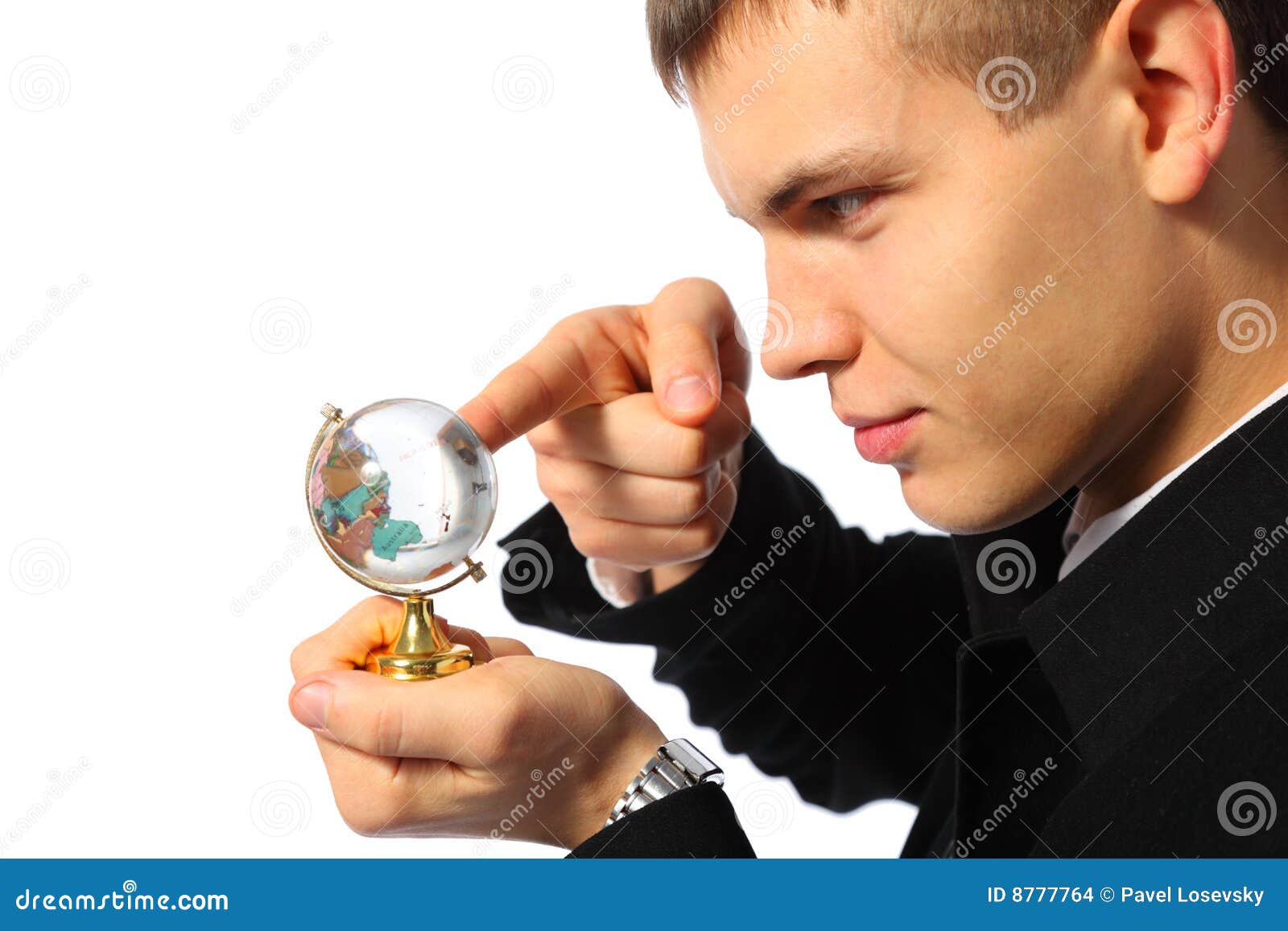 Businessman Touches Finger Glass Globe Stock Photo - Image of catch ...