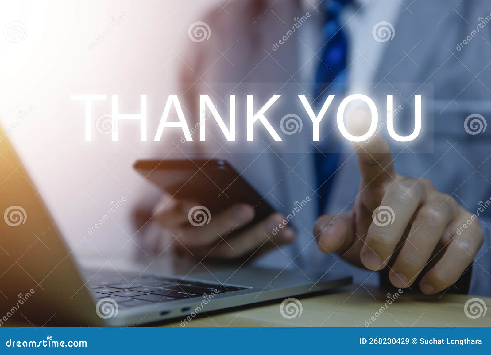 Businessman Touches the Smartphone and Sends Message Words To Thank You ...