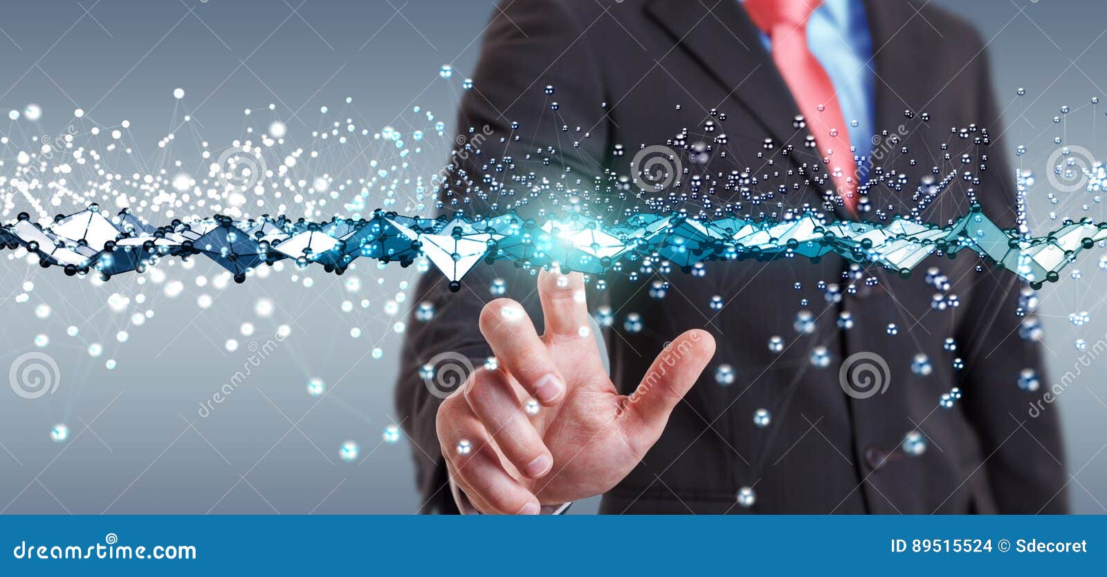 Businessman Touching Abstract Wave Connection with Dots and Line Stock ...