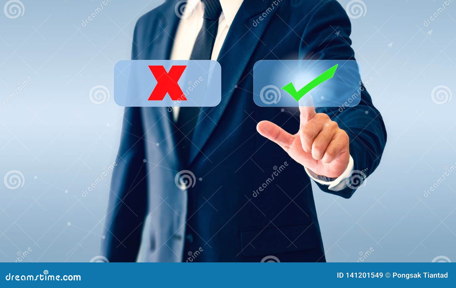 Businessman Touching Check Marks Virtual Button. Symbol Mark and Wrong ...