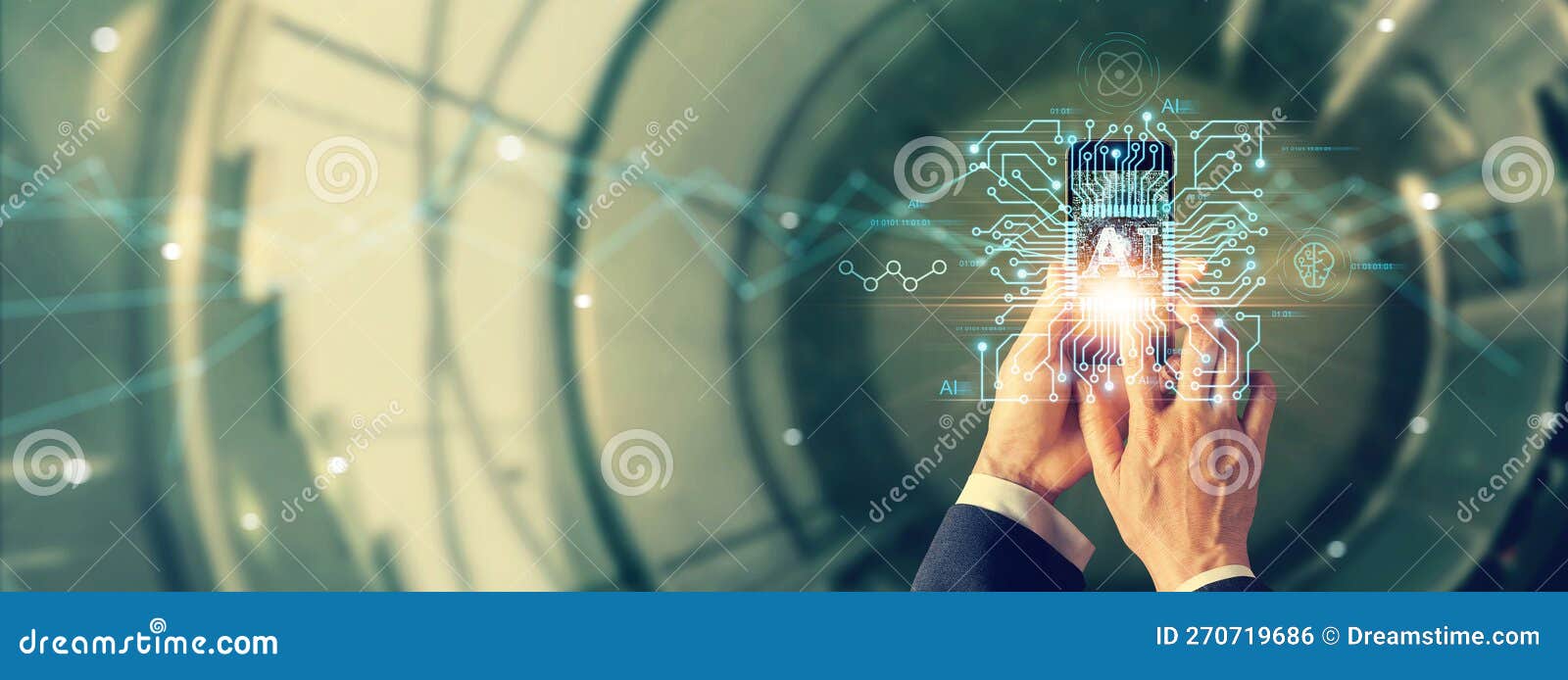 Businessman Touching of Circuit Data and Algorithm of Artificial Intelligence (AI) in the ...