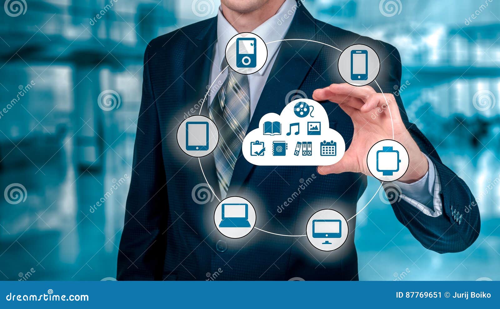Businessman Touching a Cloud Connected To Many Objects on a Virtual ...
