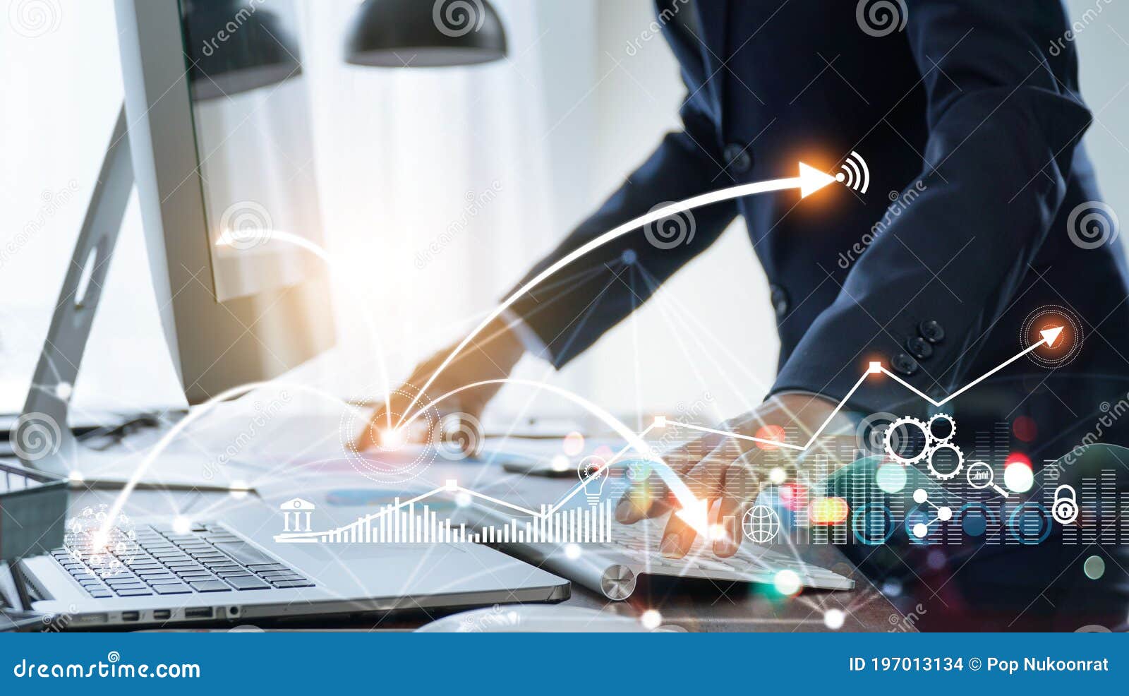 Businessman Touching Computer and Laptop. Management Global Structure ...