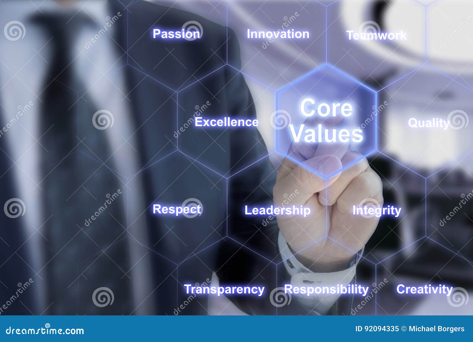 Businessman Touching Core Values in Hexagon Grid Stock Image - Image of ...