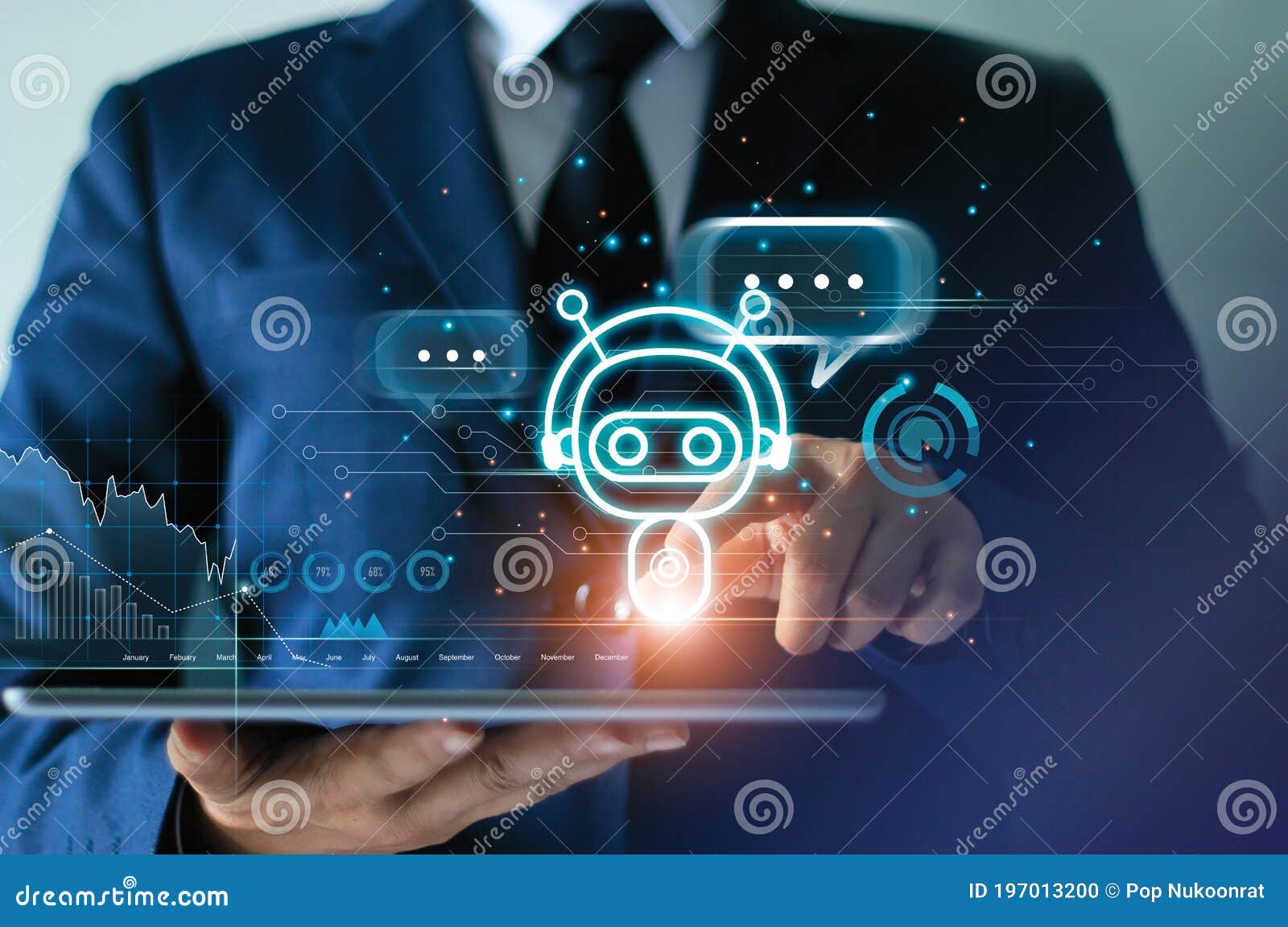 Businessman Touching Digital Chat Bot on Tablet for Provide Access To ...