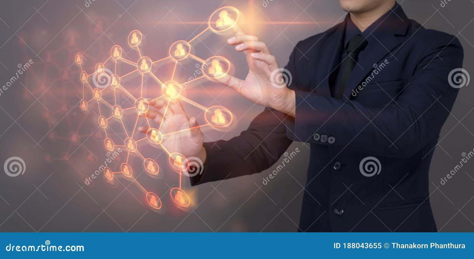 Businessman is Touching Digital Virtual Screen with Connection People ...