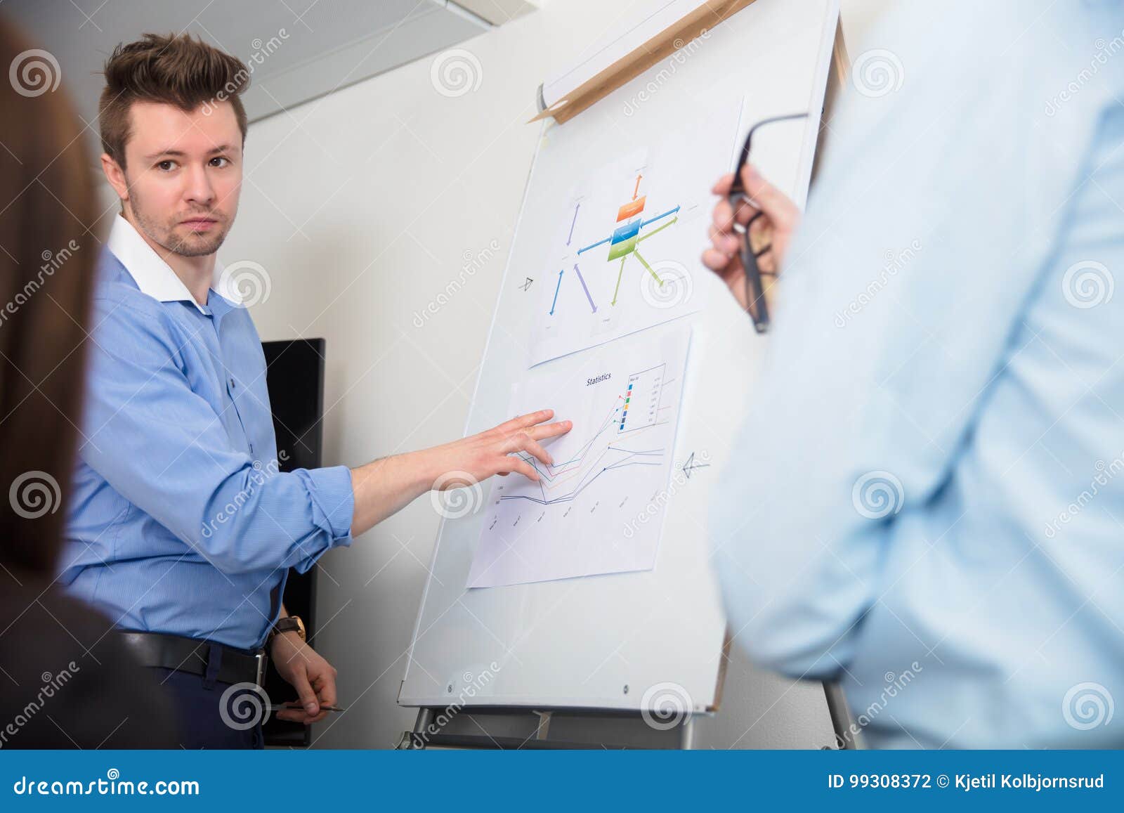 Businessman Touching Document on Flipchart while Giving Presenta Stock ... Businessman Touching Document on Flipchart while Giving Presenta Stock ...