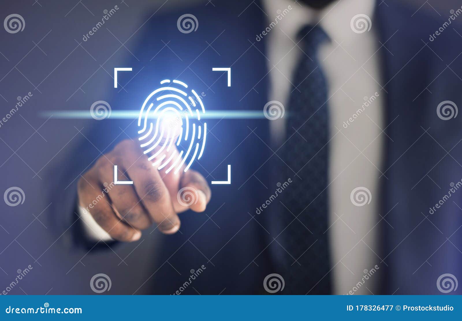 Businessman Touching Fingerprint Scanner on Virtual Panel for Access ...