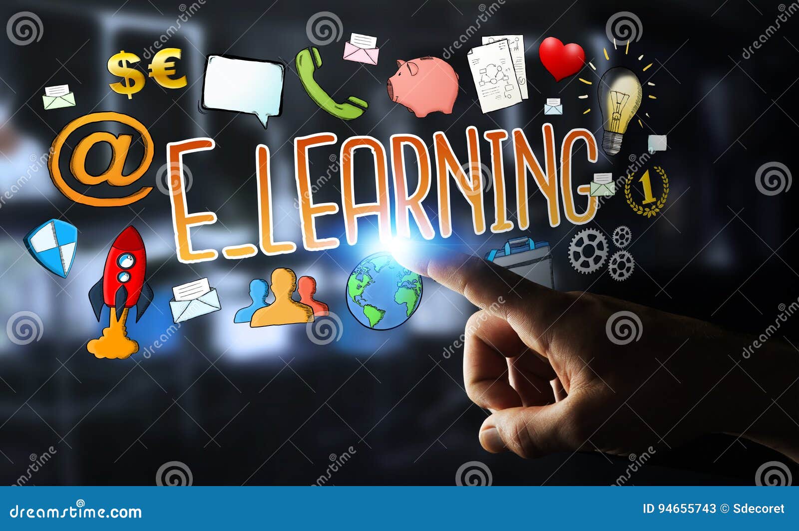 Businessman Touching Hand-drawn E-learning Presentation Stock ...
