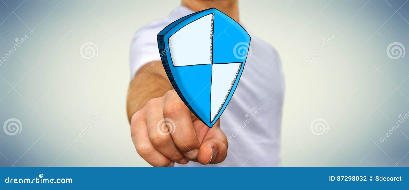 Businessman Touching Hand Drawn Shield Safe Protection Icon Stock ...