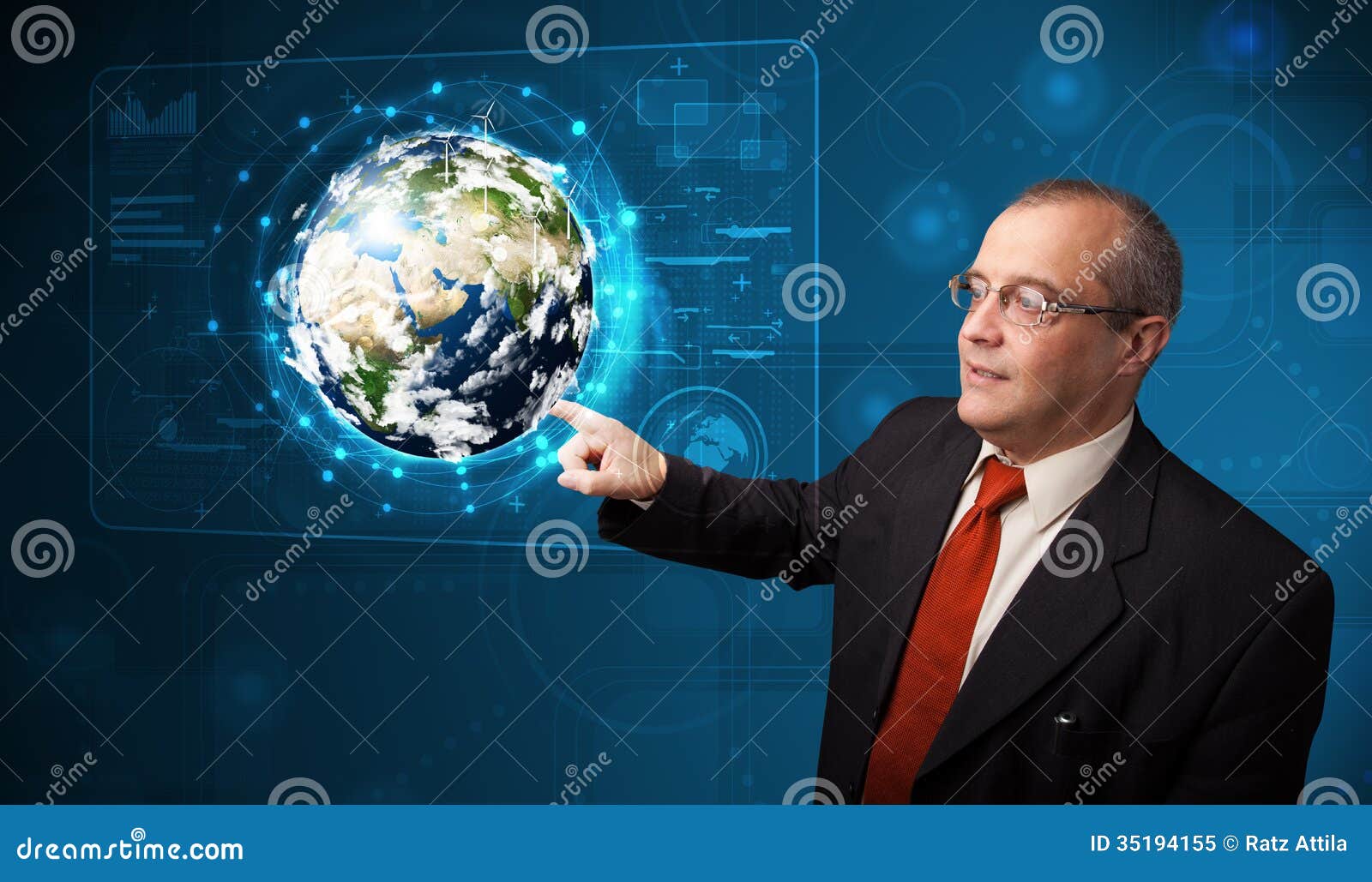 Businessman Touching High-tech 3d Earth Panel Stock Image - Image of ...