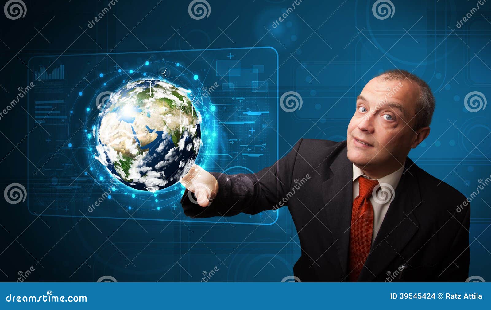 Businessman Touching High-tech 3d Earth Panel Stock Photo - Image of ...