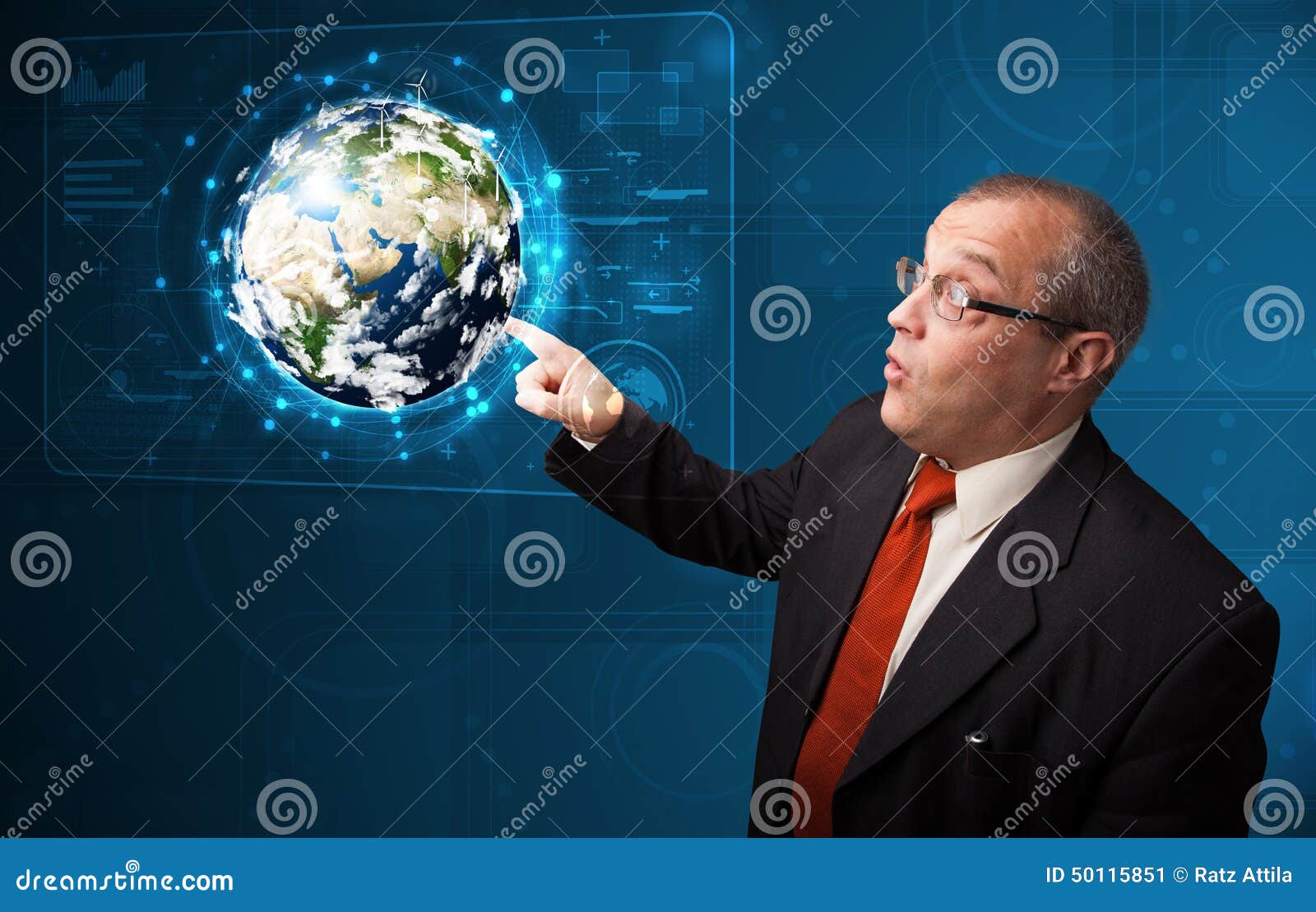 Businessman Touching High-tech 3d Earth Panel Stock Image - Image of ...