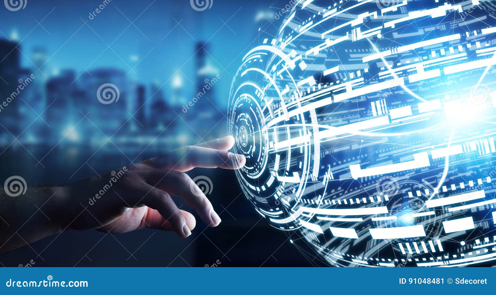 Businessman Touching Hologram Sphere 3D Rendering Stock Illustration ...