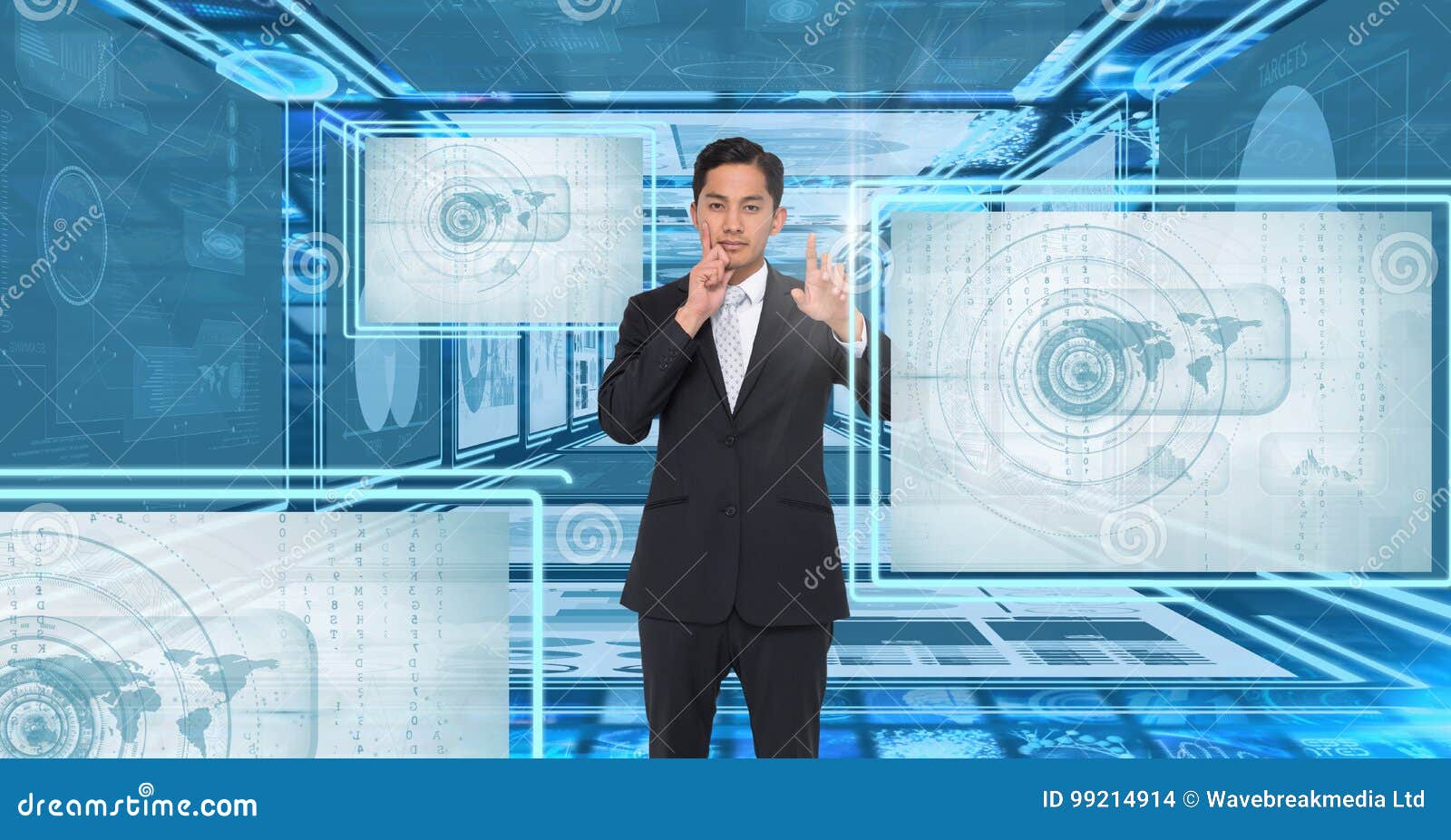 Businessman Touching and Interacting with Technology Interface Panels ...