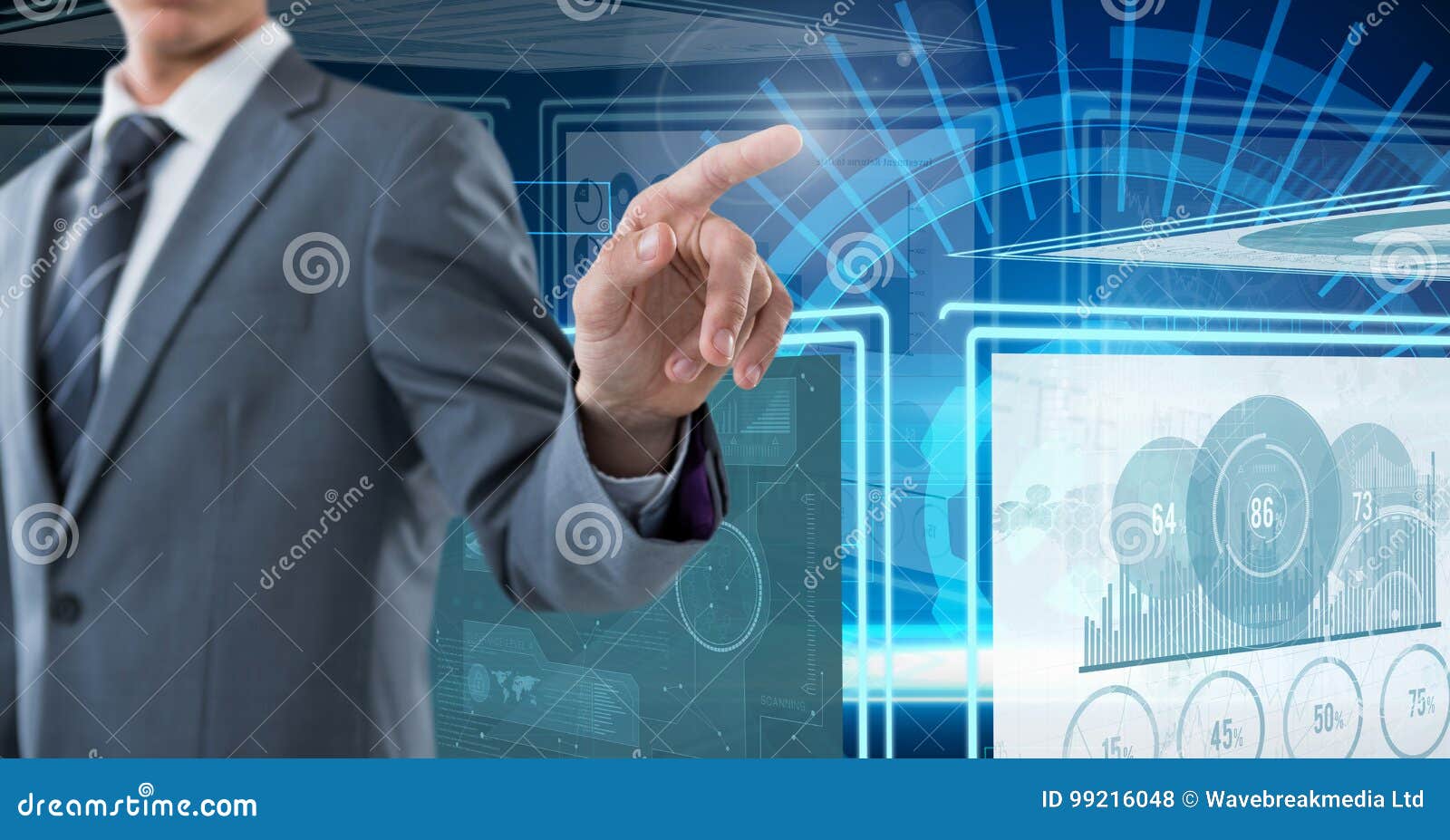 Businessman Touching and Interacting with Technology Interface Panels ...
