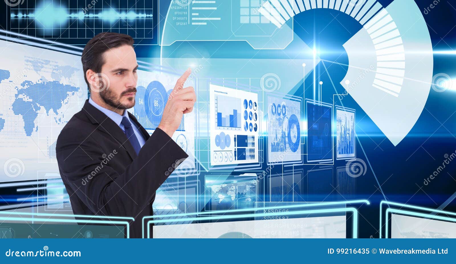 Businessman Touching and Interacting with Technology Interface Panels ...