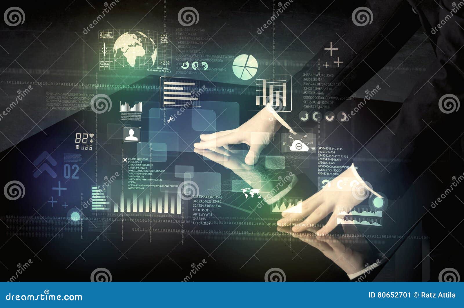 Businessman Touching Interactive Modern Desk with Technology Icons ...