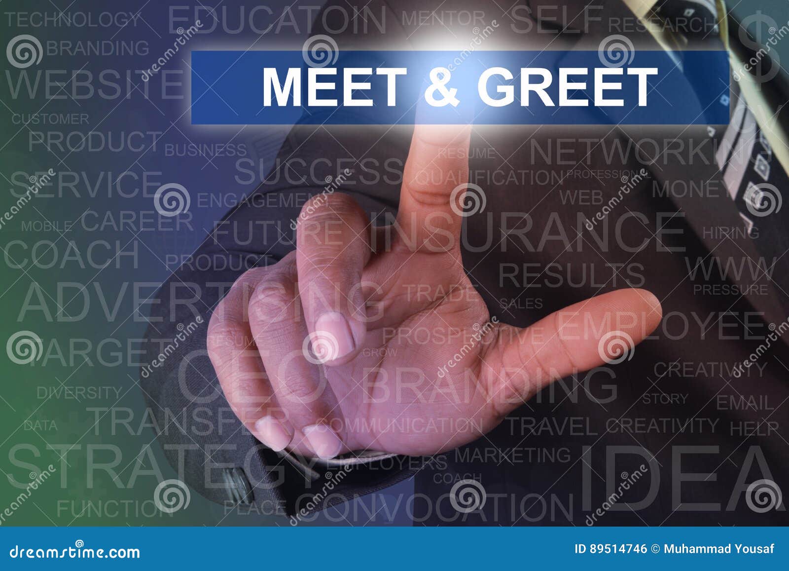 Businessman Touching MEET & GREET Button on Virtual Screen Stock Photo ...