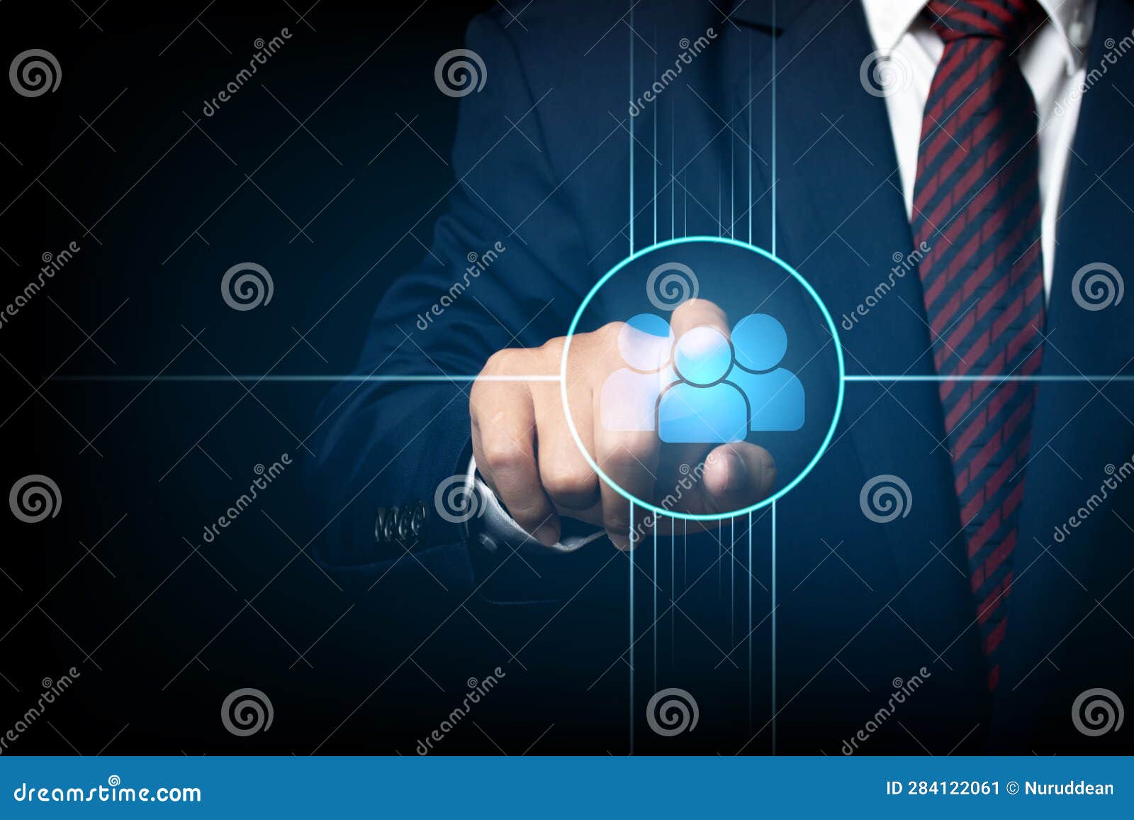 Businessman Touching Screen, Pushing on a Icon Connected Together ...