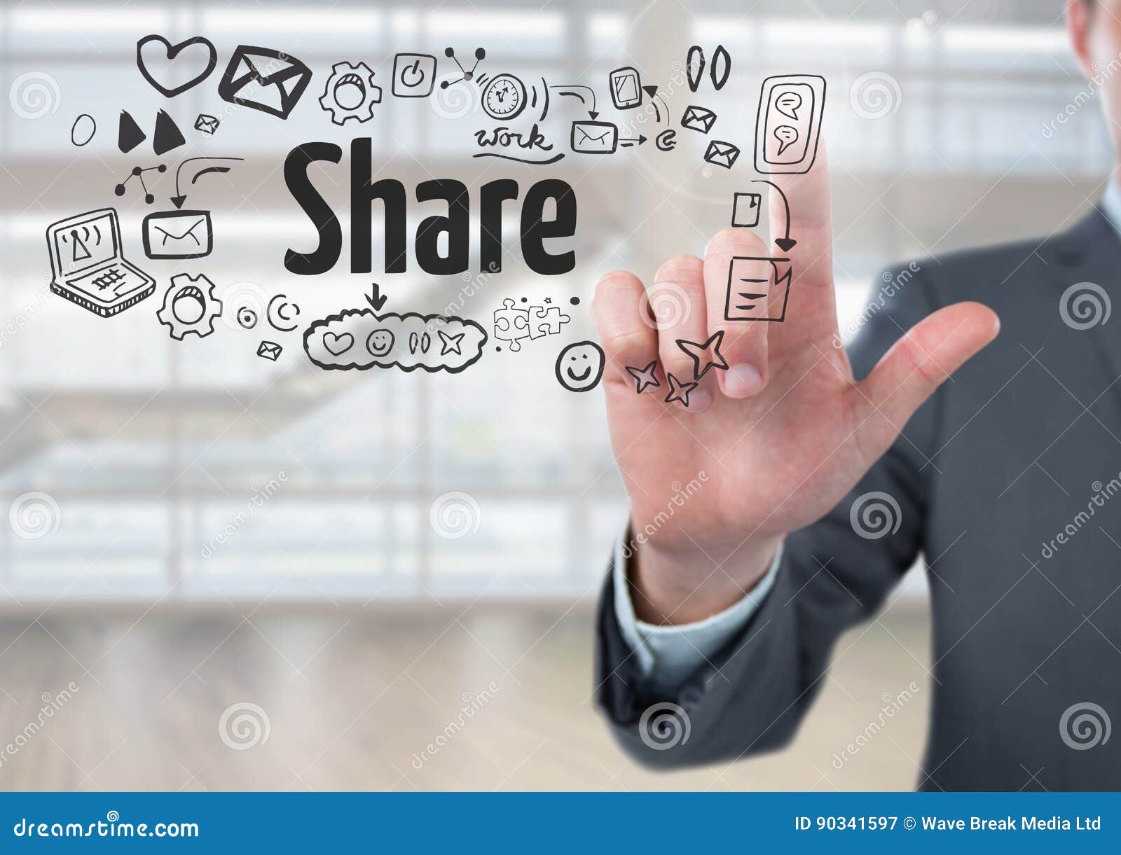 Businessman Touching Share Text with Drawings Graphics Stock ...