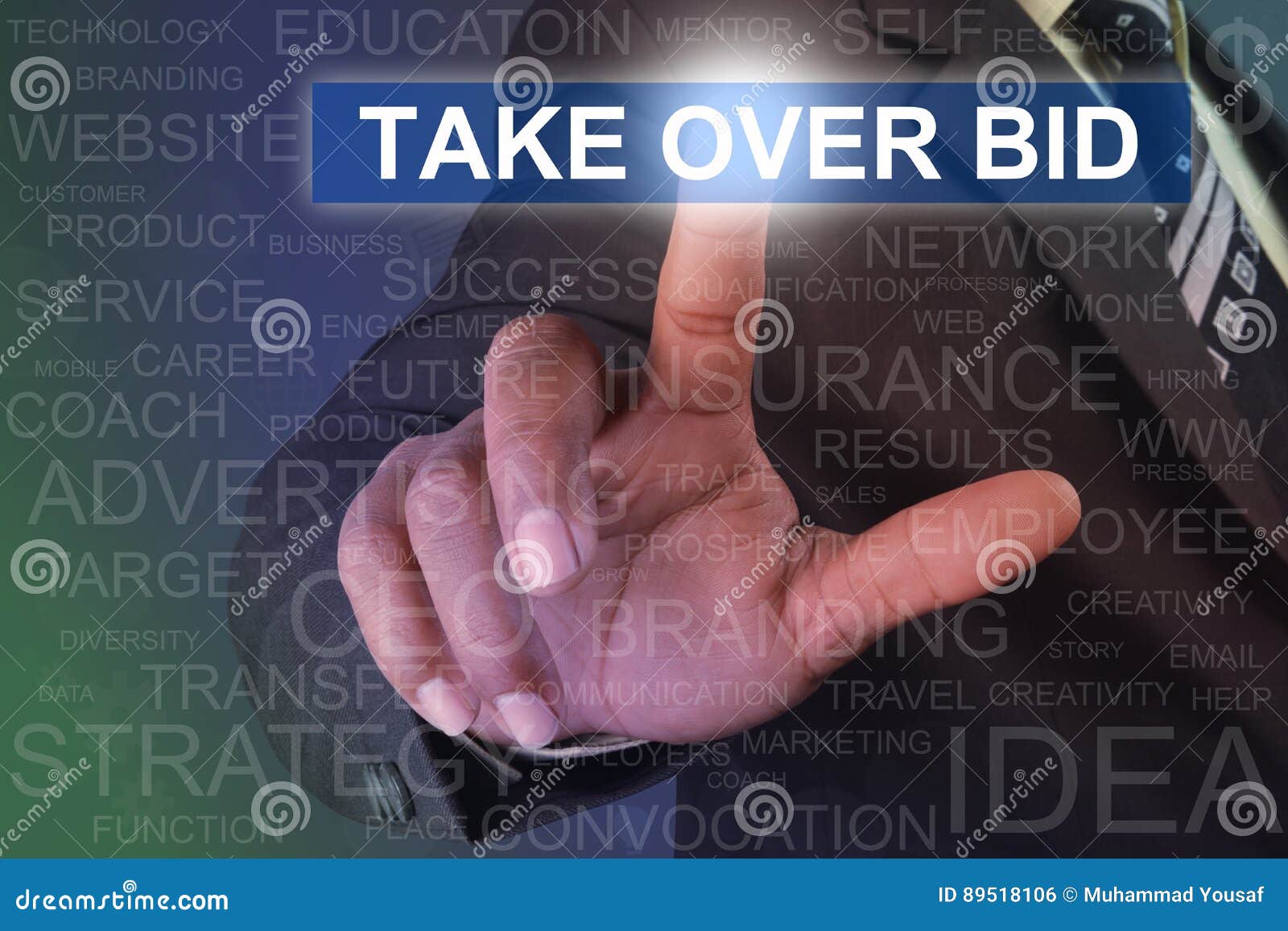 Businessman Touching TAKE OVER BID Button on Virtual Screen Stock Photo ...
