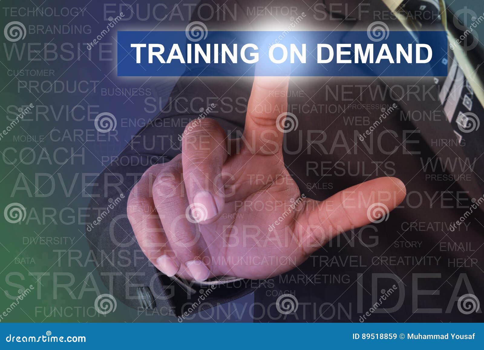 Businessman Touching TRAINING on DEMAND Button on Virtual Screen Stock ...