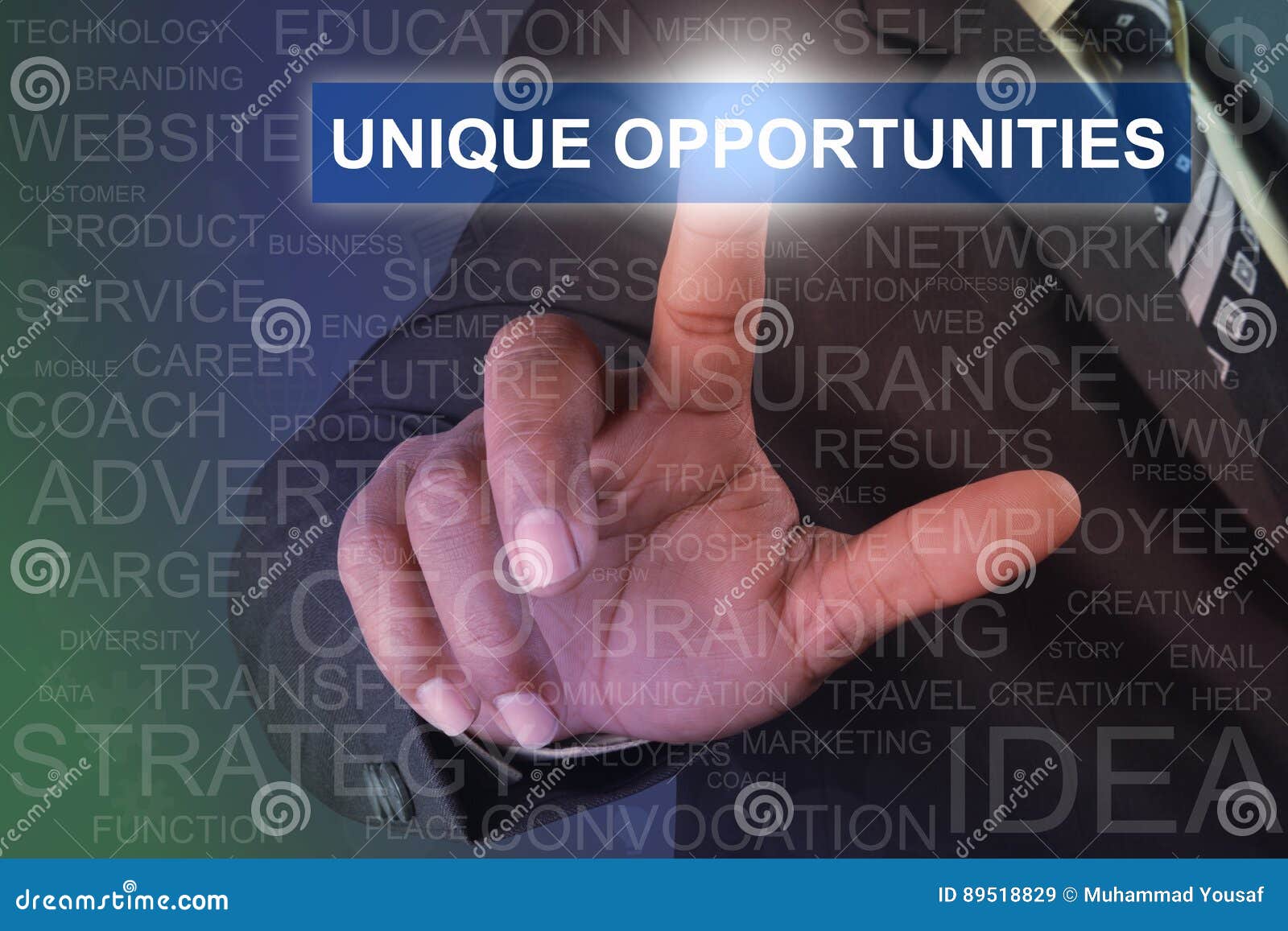Businessman Touching UNIQUE OPPORTUNITIES Button on Virtual Screen ...