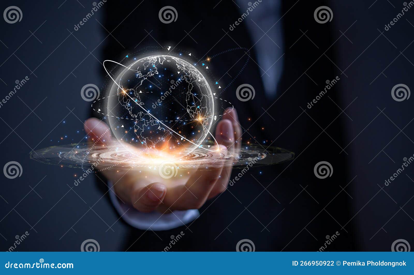 Businessman Touching Virtual Globe with Network Communication and ...