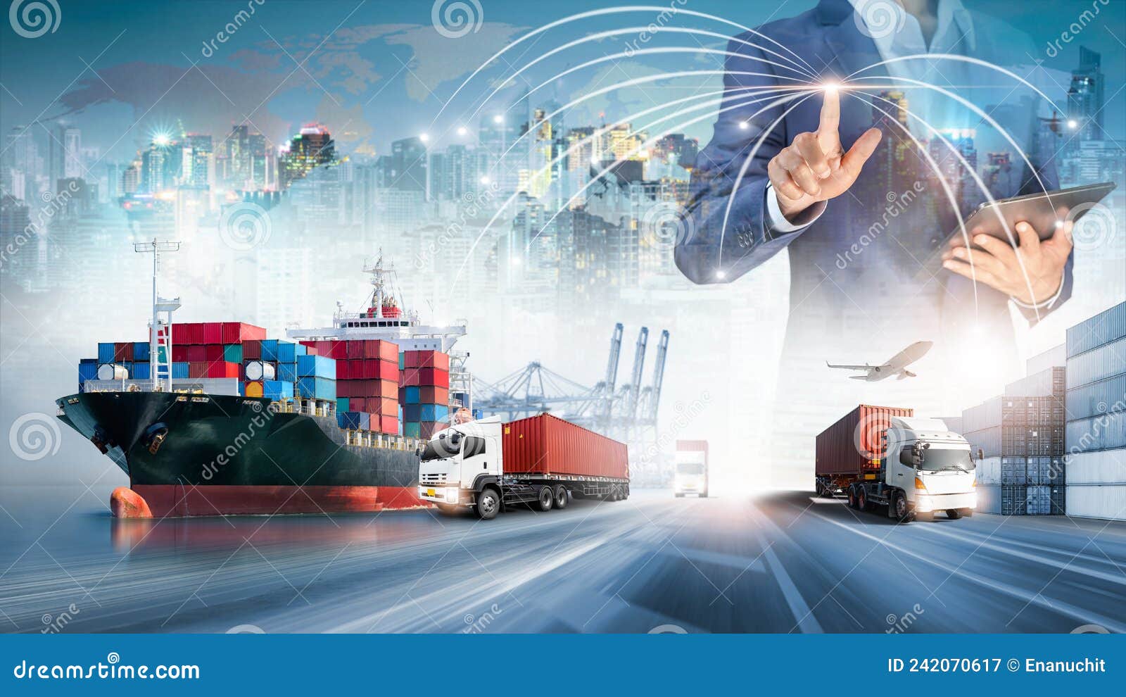 Businessman Touching Virtual Screen World Map of Global Logistics ...