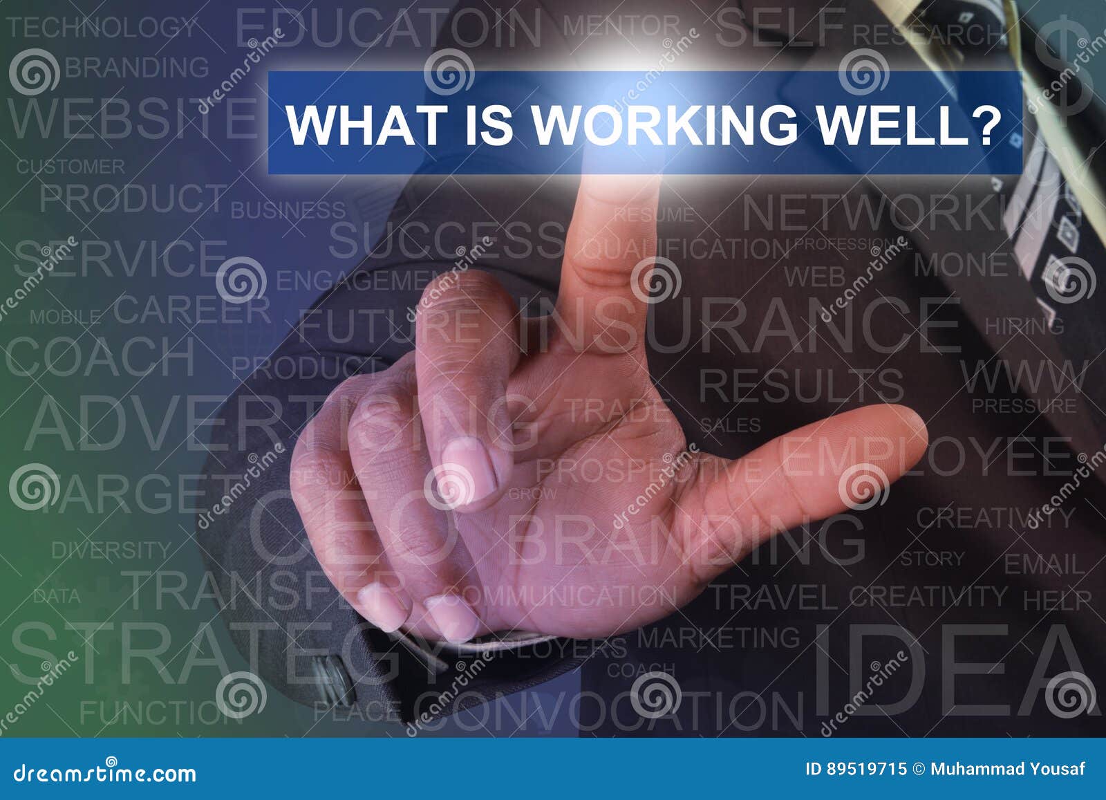 Businessman Touching WHAT is WORKING WELL Button on Virtual Screen ...