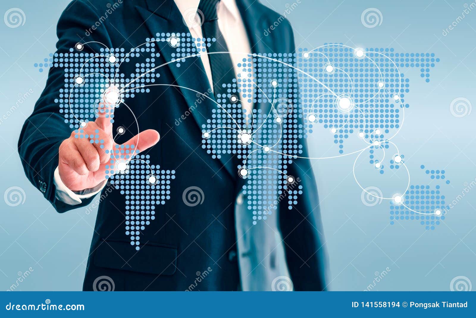 Businessman Touching World Map Virtual Button and Connect Communication ... Businessman Touching World Map Virtual Button and Connect Communication ...