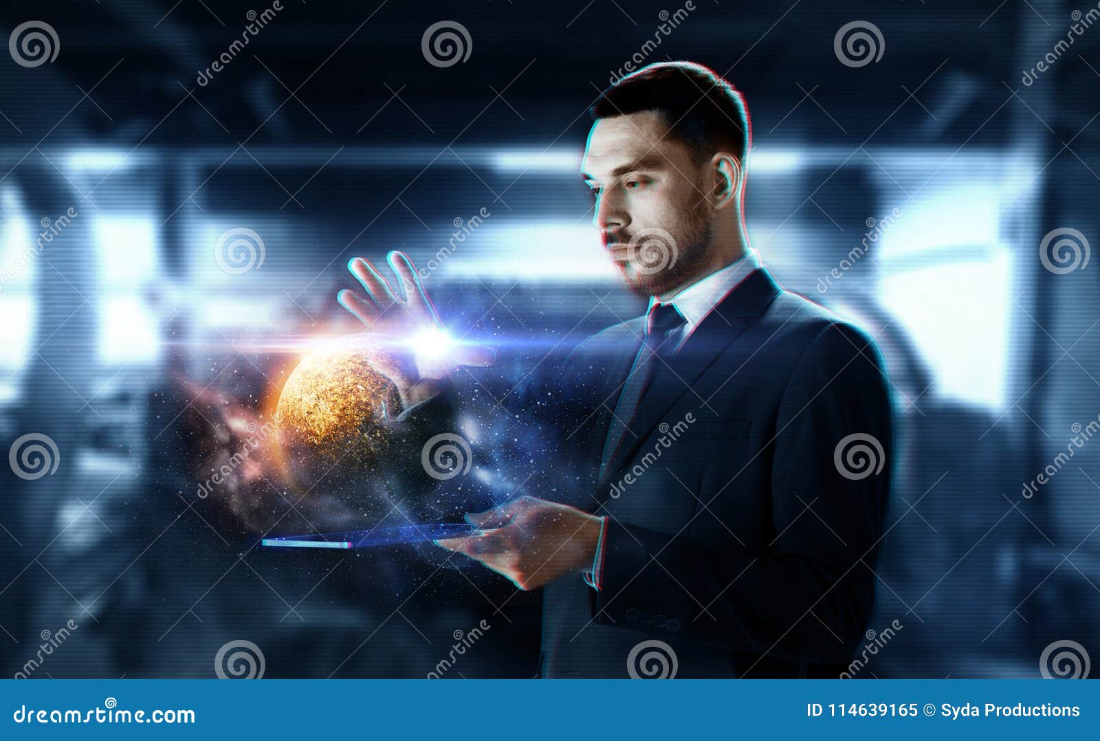 Businessman with Transparent Tablet and Planet Stock Image - Image of ...