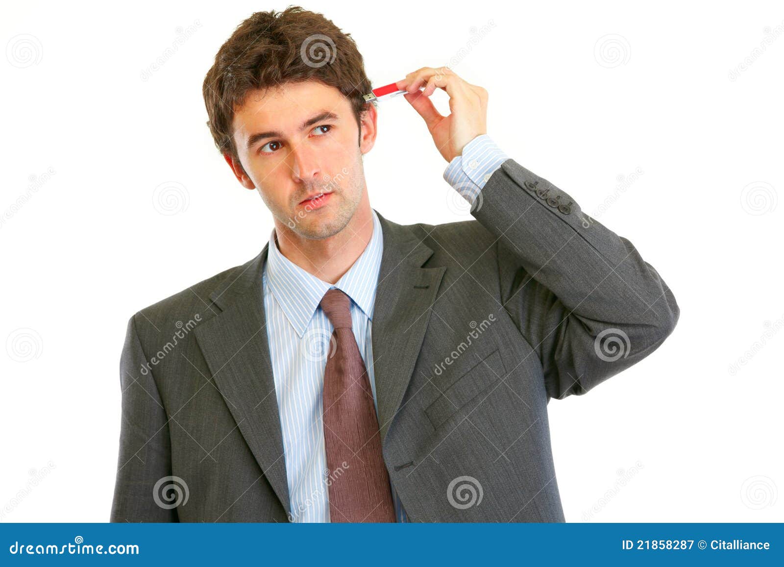 Businessman Trying To Plug Usb Flash in Head Stock Image - Image of ...