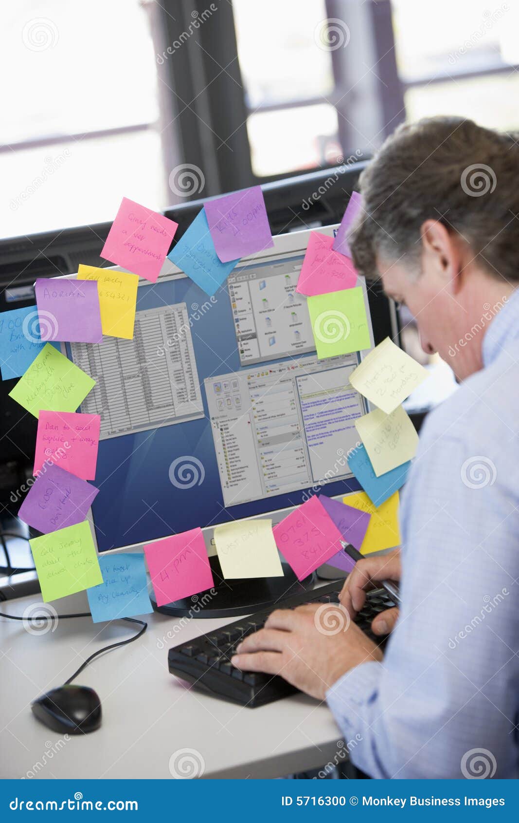 Businessman Typing at Computer with Notes on it Stock Photo - Image of ...