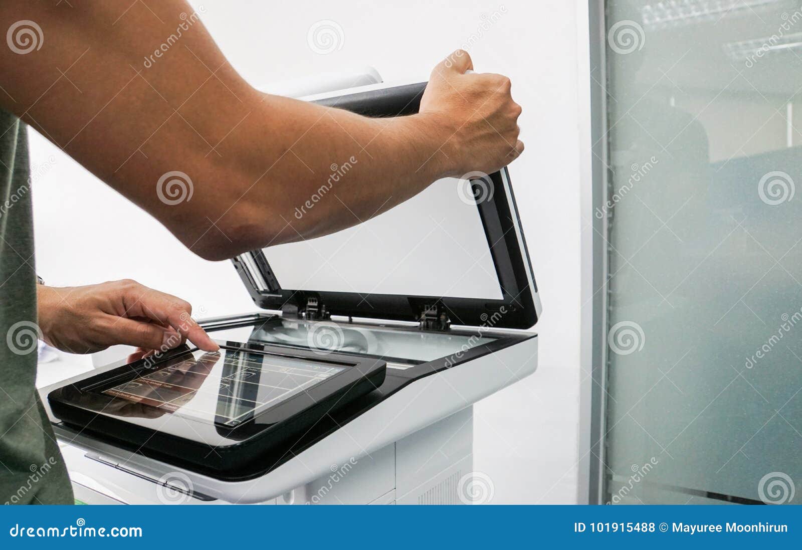 Businessman Use Hand Place Paper Sheet on Printer Plate for Setting ...