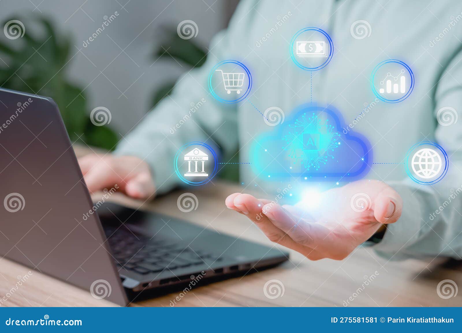Businessman Use Laptop Computer with AI Cloud Computing Diagram Show on ...
