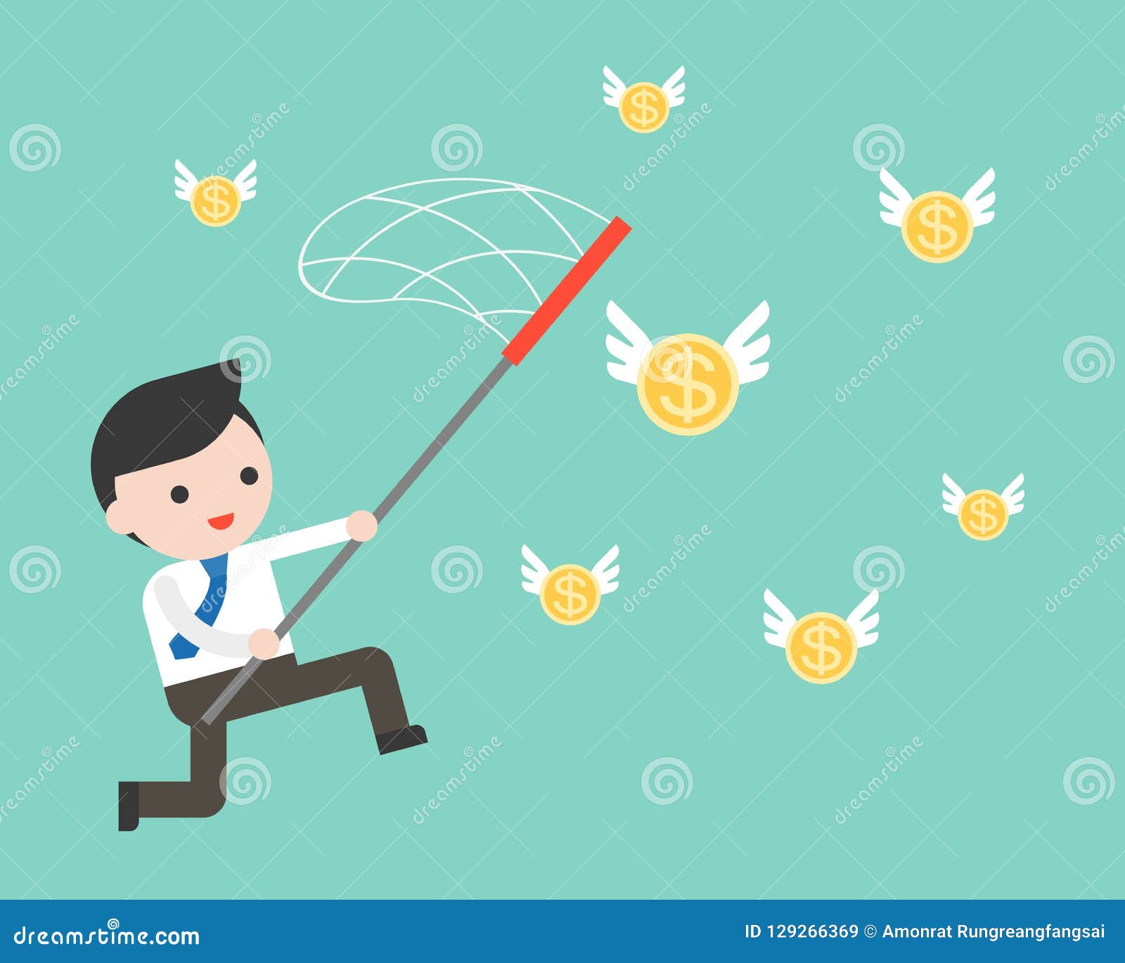 Businessman Use Net for Catching Flying Gold Coins Stock Vector ...