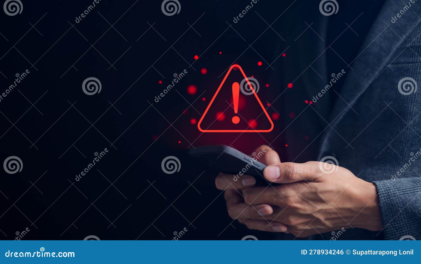 Businessman or User Holding Smartphone with Triangle Caution Warning ...