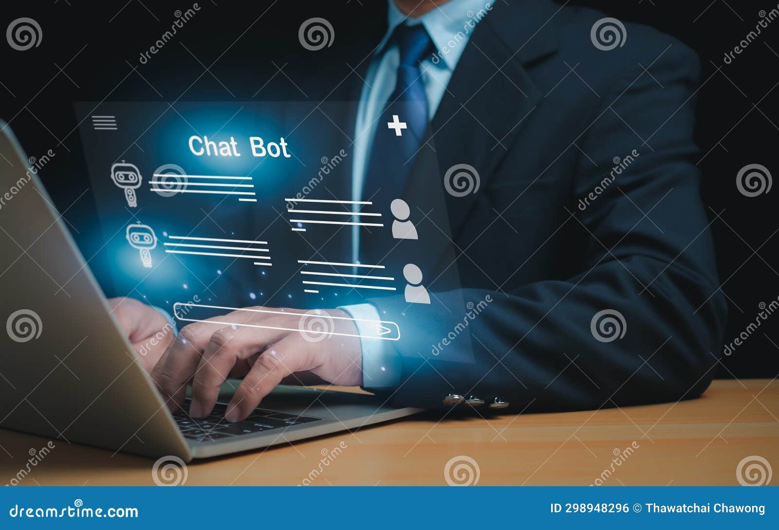 Businessman Uses Computer To Type Chat Ask and Answer with the ...